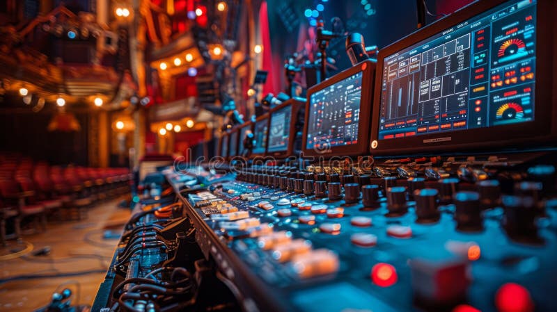 A Close-up Shot of a Large Audio Mixing Console with Multiple Monitors ...
