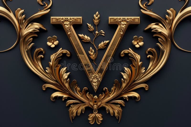 A Close-up Shot of a Letter V Made of Gold Leaf with Scrolls, Used As ...