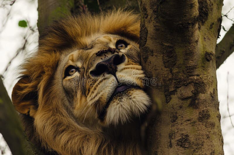 A Close-up Shot of a Lion S Face Peeking Out from Behind a Tree Branch ...