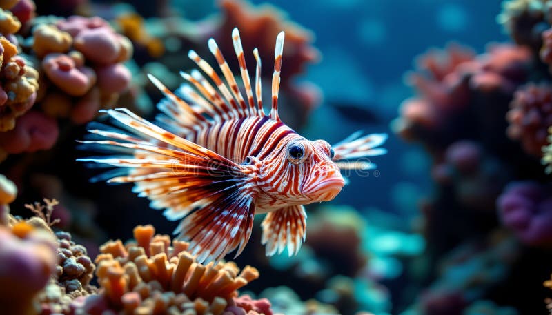 Close Up Shot of a Lionfish Swimming Cautiously through Vibrant Coral ...