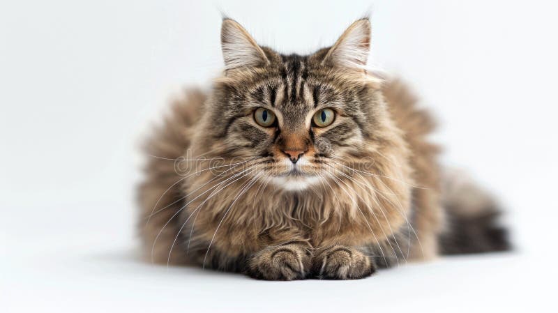 A Close-up Shot of a Long-haired Cat Lying Down on a White Surface ...
