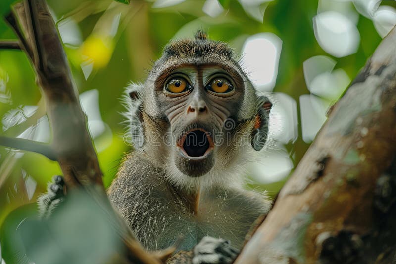 A Close-up Shot of a Long-Tailed Macaque with a Surprised Expression ...