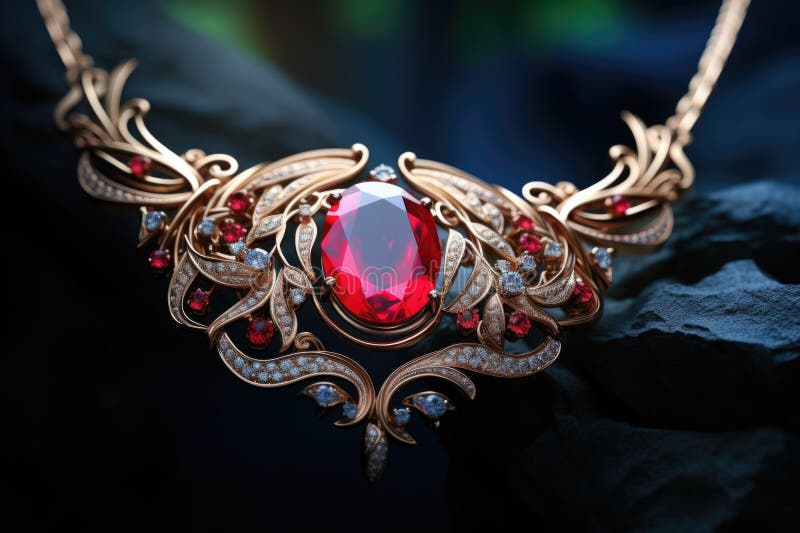 A Close-up Shot of a Luxurious Necklace Featuring a Red Stone ...