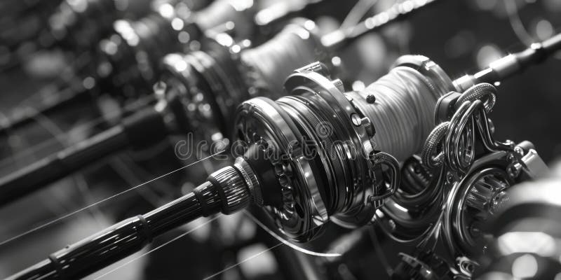 A Close-up Shot of a Machine with Multiple Reels Spinning Stock Photo ...