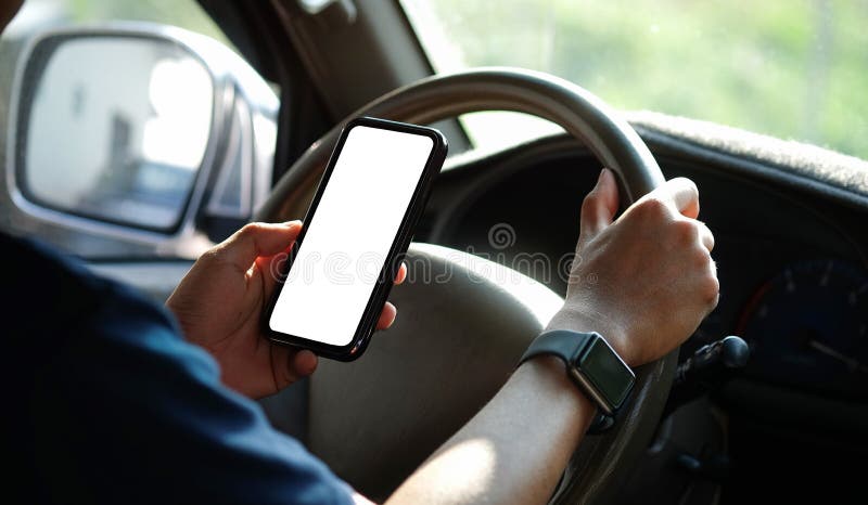 Close Up Shot of Man Using Smartphone in Car Stock Image - Image of ...