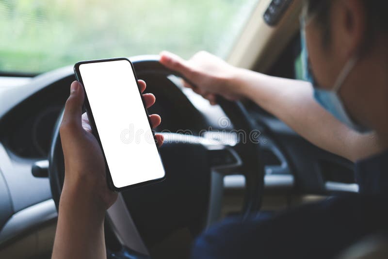 Close Up Shot of Man Using Smartphone in Car Stock Image - Image of ...