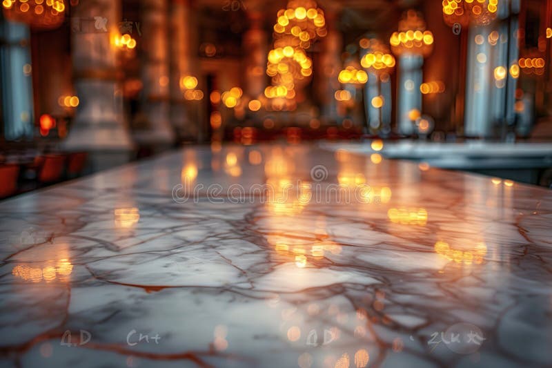 Reflective Marble Bar Counter with Bokeh Lights Stock Image - Image of ...