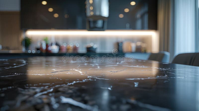 A Close-up Shot of a Marble Countertop in a Dark Kitchen Stock Photo ...