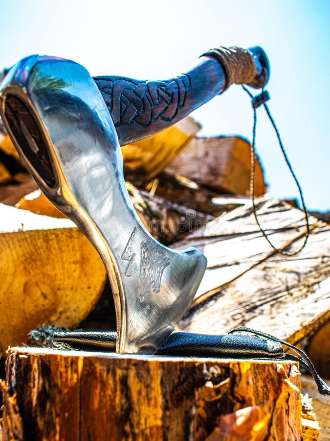 Close-up Shot of a Medieval Steel Axe on a Tree Stump Stock Photo ...