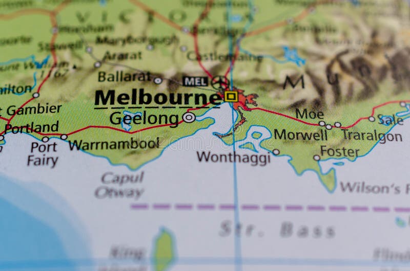 Melbourne on map stock photo. Image of harbor, close - 114065274
