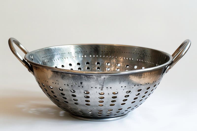 A Close-up Shot of a Metal Colander Sitting on a Clean White Surface ...
