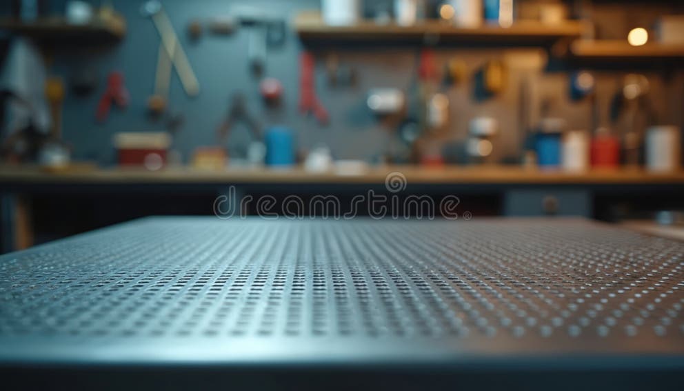 Close-up Shot of Metal Table with Perforated Surface in Garage Workshop ...