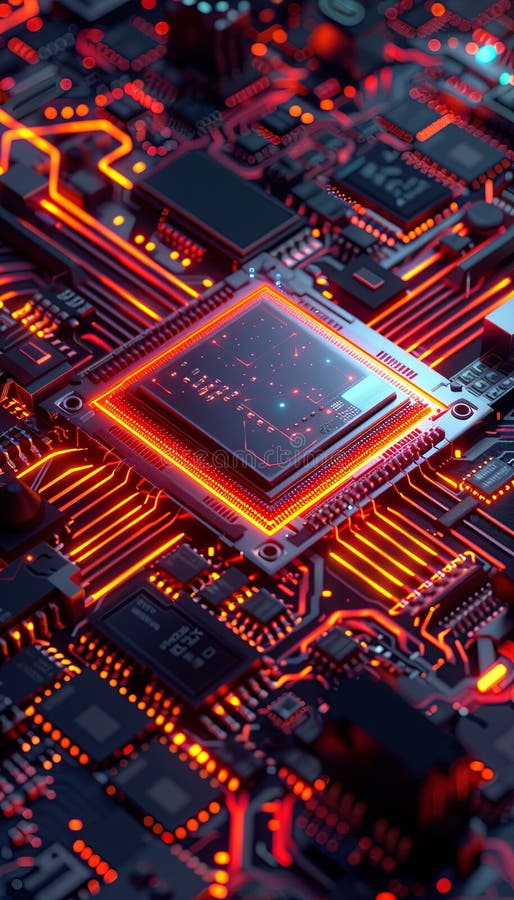 A Close-up Shot of a Microprocessor on a Motherboard, Illuminated by ...