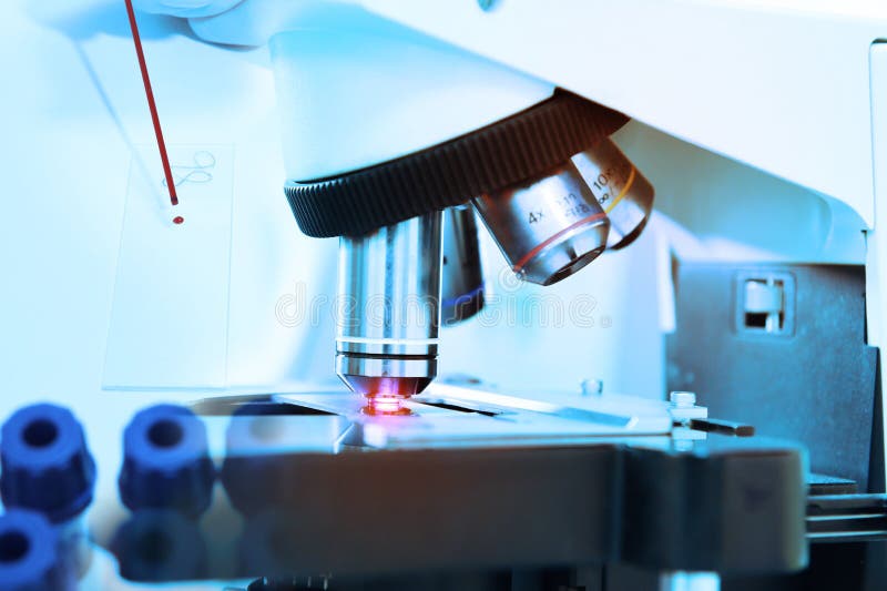 Close Up Shot of Microscope at the Blood Laboratory and Blood Testing ...