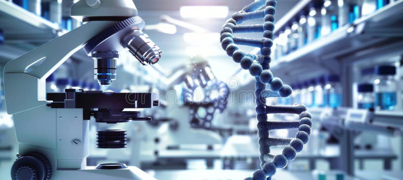A Close-up Shot of a Microscope Focused on a DNA Double Helix in a ...