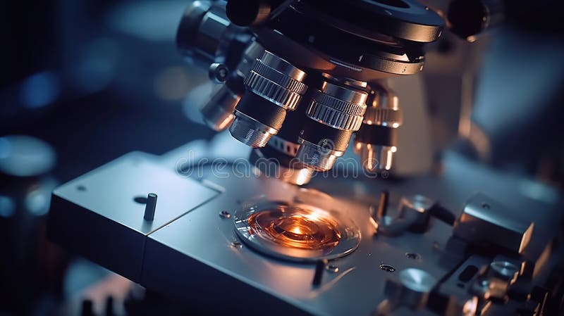 Close-up Shot of Microscope with Metal Lens at Laboratory. Generative ...