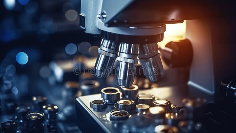 Close-up Shot of Microscope with Metal Lens at Laboratory. Generative ...