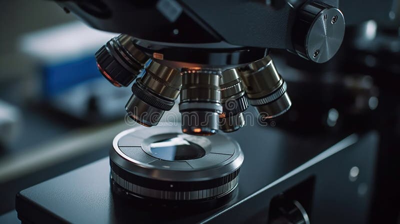 Close-up Shot of Microscope with Metal Lens at Laboratory. Generative ...