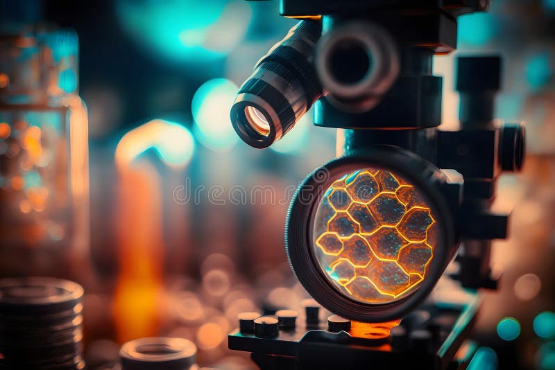 Close-up Shot of Microscope with Metal Lens at Laboratory. Neural ...