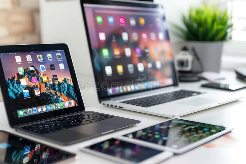 A Close-up Shot of Modern Laptops and Tablets Displaying Colorful Apps ...