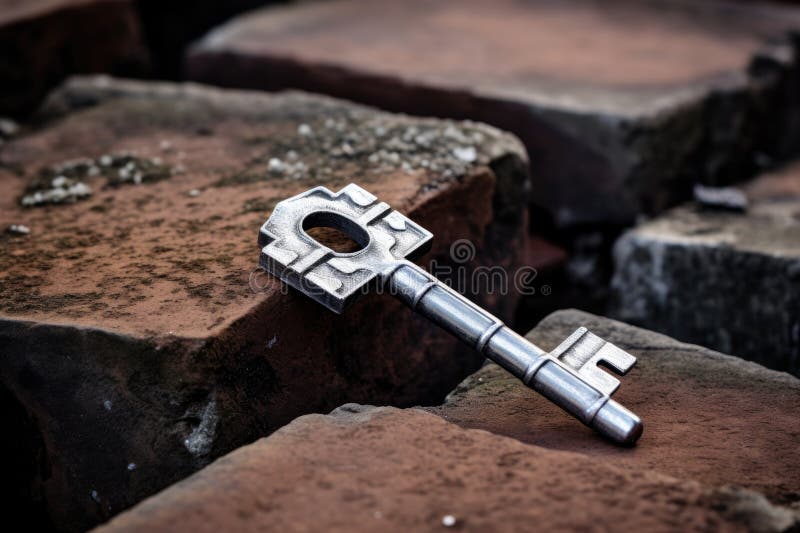 A Close-up Shot of a Modern Silver Key on a Stack of Weathered Bricks ...