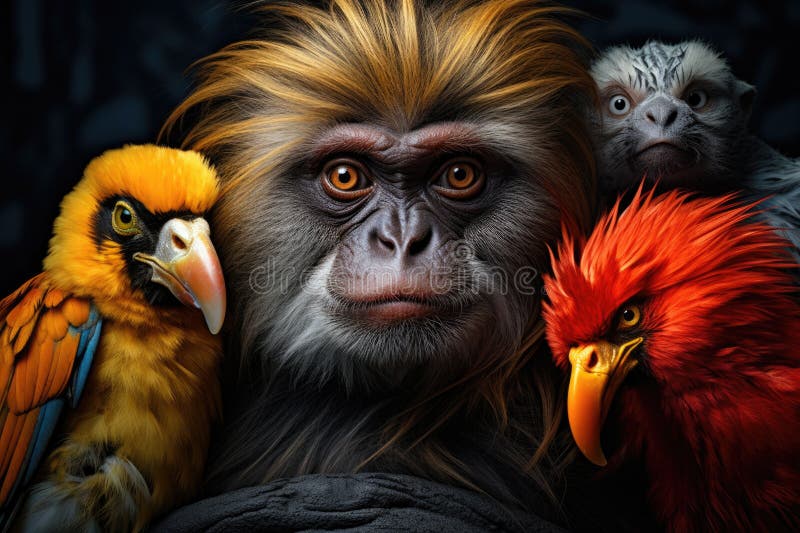 A Close-up Shot of a Monkey Surrounded by Two Birds, Showcasing Their ...