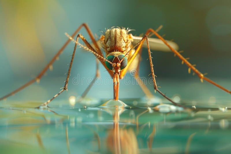A Close-up Shot of a Mosquito Resting on the Surface of Calm Water ...