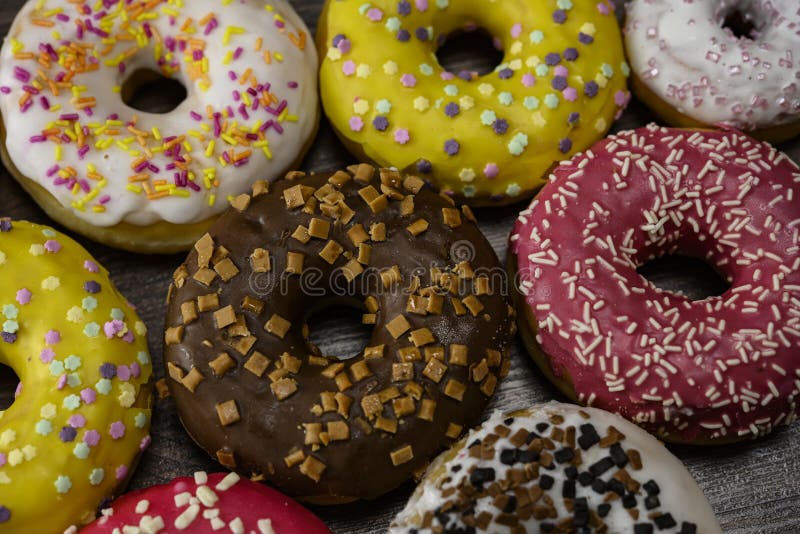 Multiple Delicious Donuts on Table Close Up Shot Stock Photo - Image of ...
