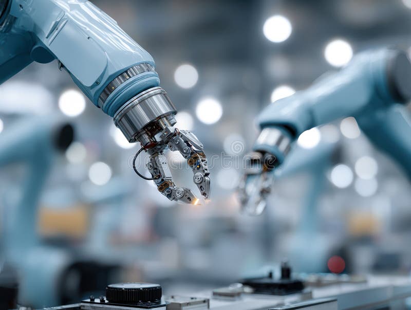 Close-up Shot of Multiple Robotic Arms in a Spacious, Modern Industrial ...