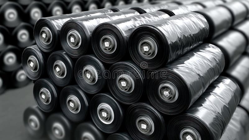 Close-up Shot of Multiple Rolls of Black Plastic Stacked Neatly in a ...