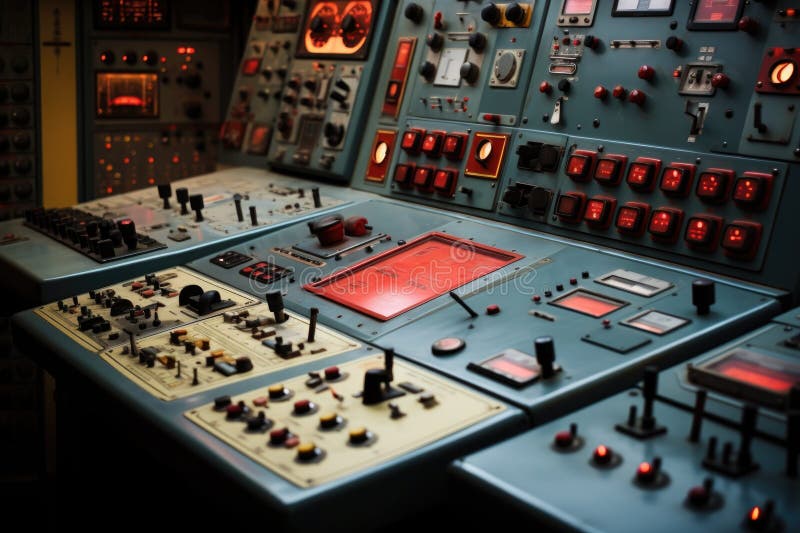 Close-up Shot of a Nuclear Reactor Control Panel with Screens and ...