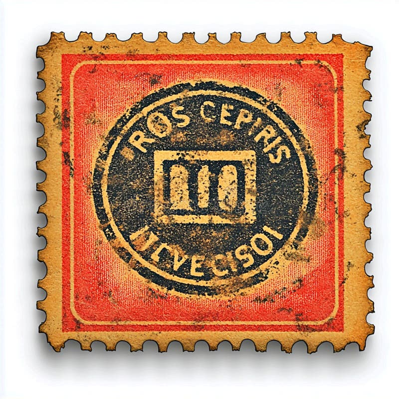 Close Up of an Old Postage Stamp with Red Background and Black Circular ...