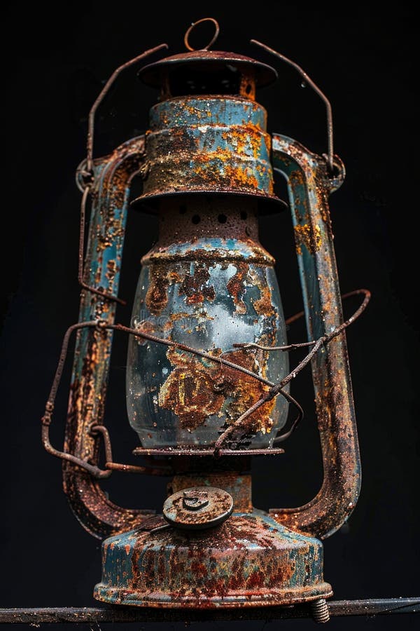 A Close-up Shot of an Old Rusty Oil Lamp Sitting on a Black Background ...