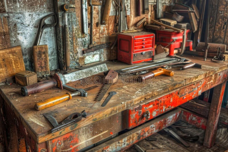 A Close-up Shot of an Old Workbench, Filled with Tools and Supplies ...