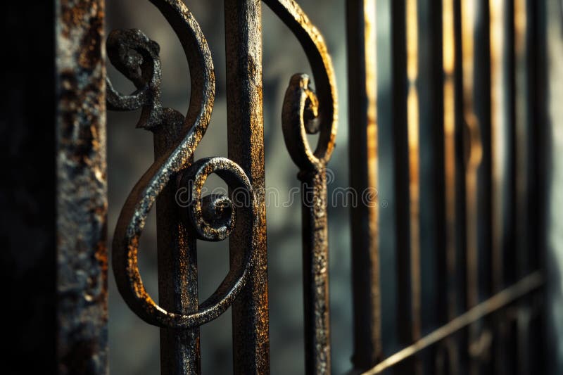 A Close-up Shot of an Old Wrought Iron Gate with Intricate Details and ...