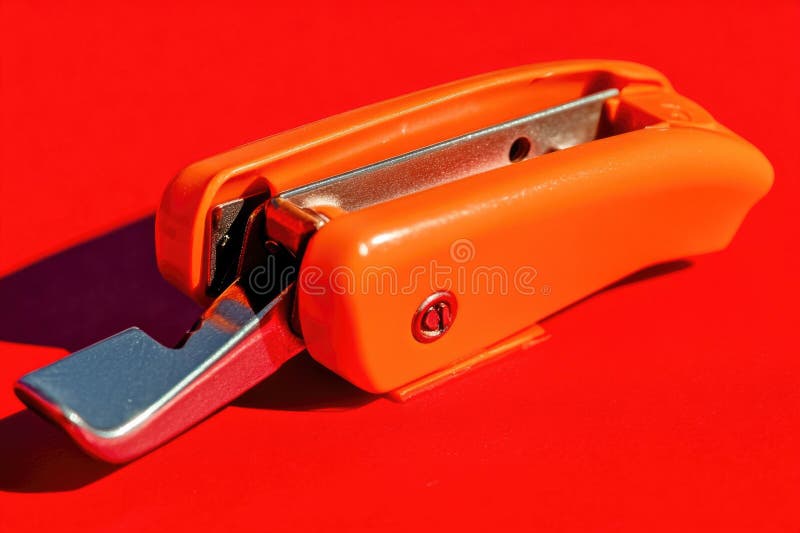 A Close-up Shot of an Orange Stapler Placed on a Bright Red Surface ...