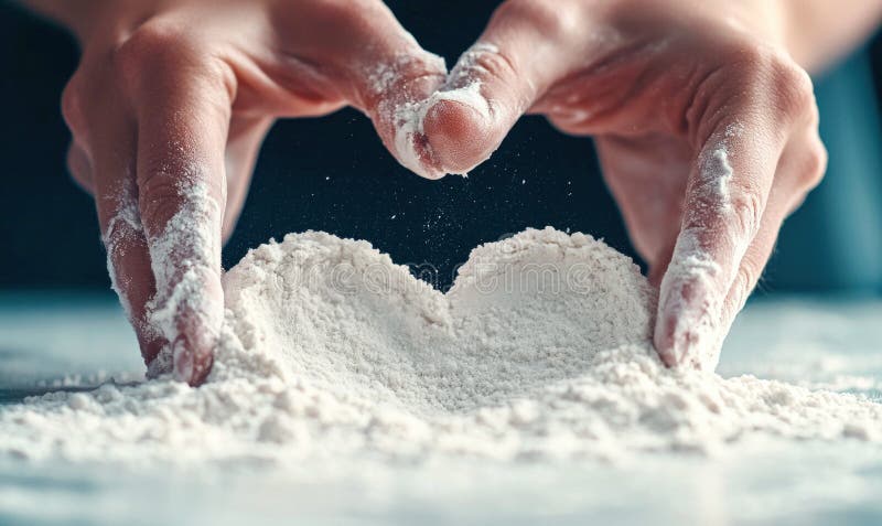 Pair of Hands Covered in Flour Creatively Form a Heart Shape, Showing a ...