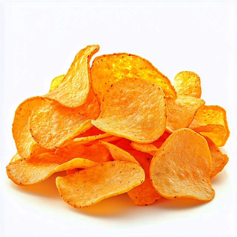 A Close Up Shot of a Pile of Golden Potato Chips on a White Surface in ...