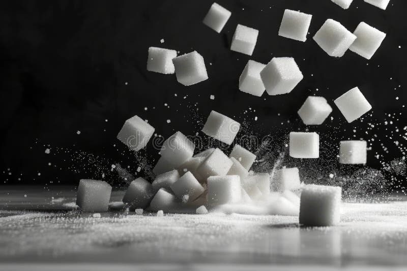 A Close-up Shot of a Pile of Sugar Cubes Falling through the Air Stock ...