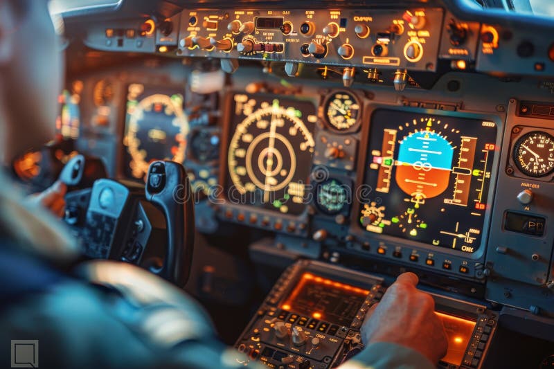 Pilot Navigating Aircraft in a Brightly Lit Cockpit Featuring Advanced ...