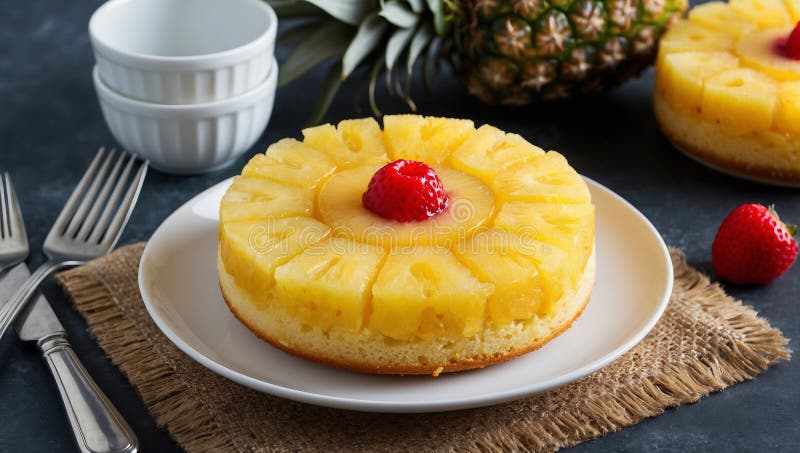 Close-up Shot of Pineapple Upside Down Cake with Raspberry. Cake is on ...
