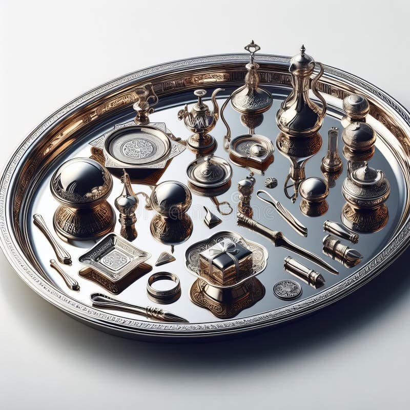 123 a Close-up Shot of a Polished Silver Tray Reflecting the Ob Stock ...