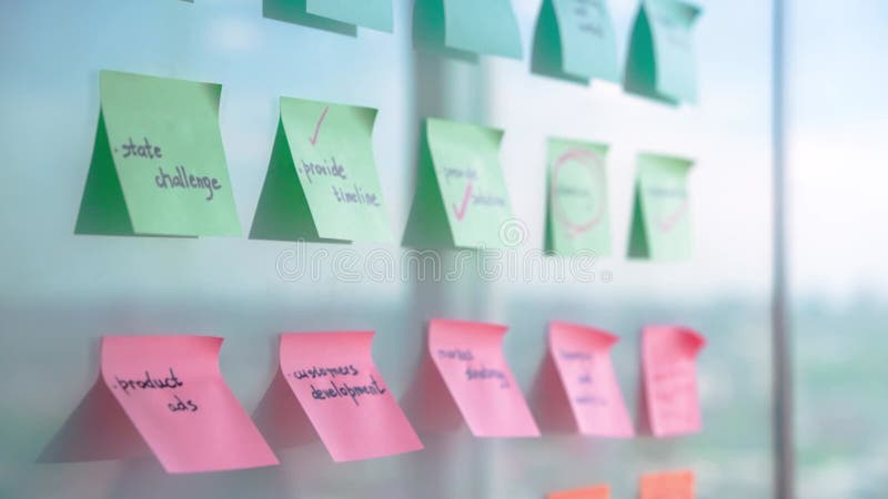 Close Up Shot with Project Strategy at White Board with Sticky Notes ...