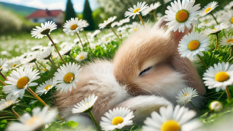 A Close-up Shot of a Rabbit Fur Nestled among Daisies. Stock ...