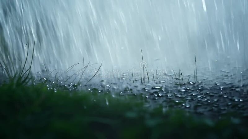 A Close-up Shot of Raindrops Falling on a Wet Surface. the Raindrops ...