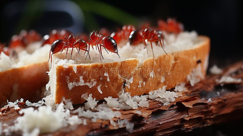 A Close-up Shot of Red Ants Crawling on a Slice of White Bread Stock ...