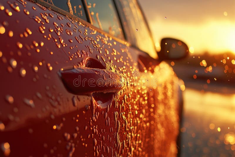 A Close-up Shot of a Red Car with Water Droplets on Its Surface Stock ...