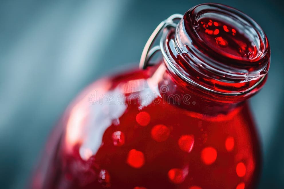 A Close-up Shot of a Red Liquid Bottle with a Label and Cap Stock Image ...
