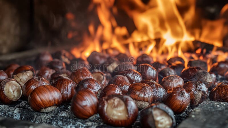 A Closeup Shot of Roasted Chestnuts on an Open Fire the Chestnuts are ...