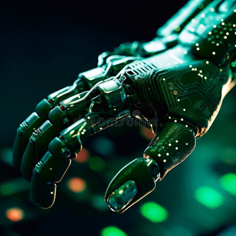 A Close-up Shot of a Robotic Hand Holding a Glowing Green Circuit Board ...